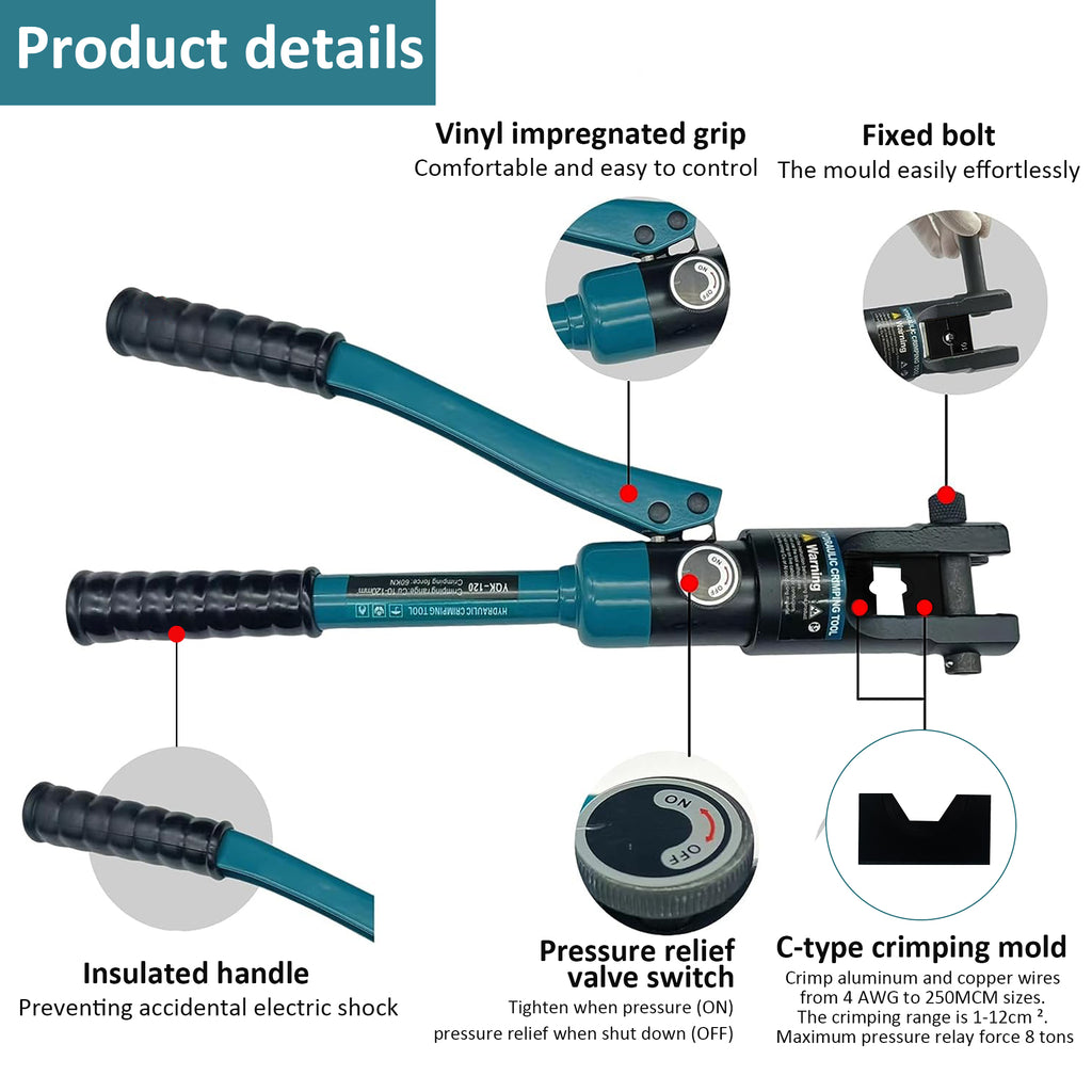 8 Tons Hydraulic Wire Crimping Tool Battery Cable Lug Terminal Crimper ...