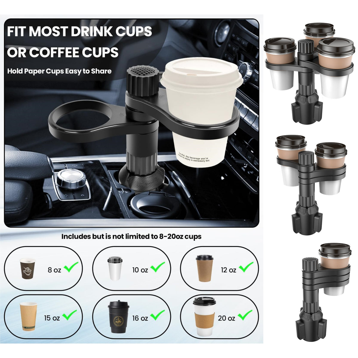 Universal 3-in-1 Cup Holders Car Mounted Expander with Adjustable Base ...