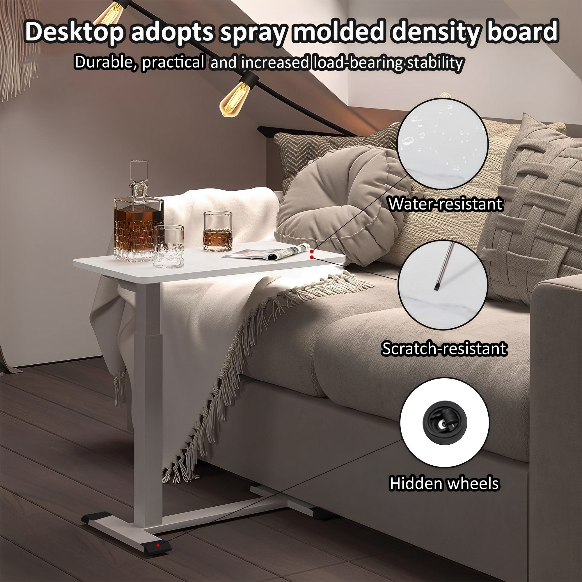 Adjustable Height Lifting Overbed Bedside Table with Hidden Wheels ...
