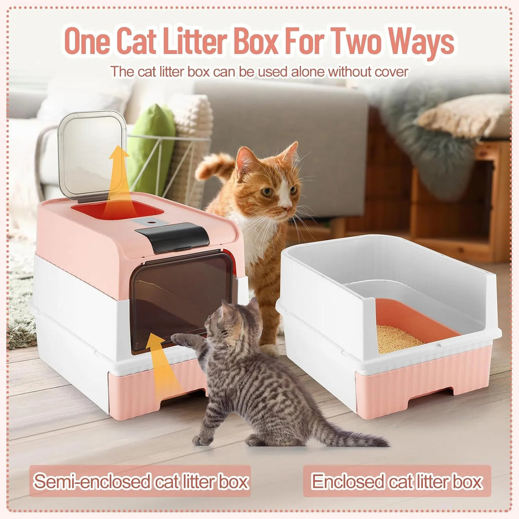 Enclosed Cat Toilet Box with Drawer with Cat Litter Scoop - Pink ...