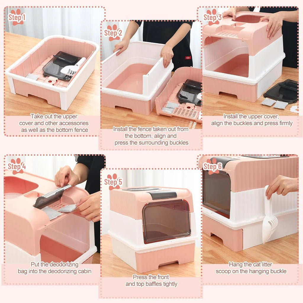 Enclosed Cat Toilet Box with Drawer with Cat Litter Scoop - Pink ...