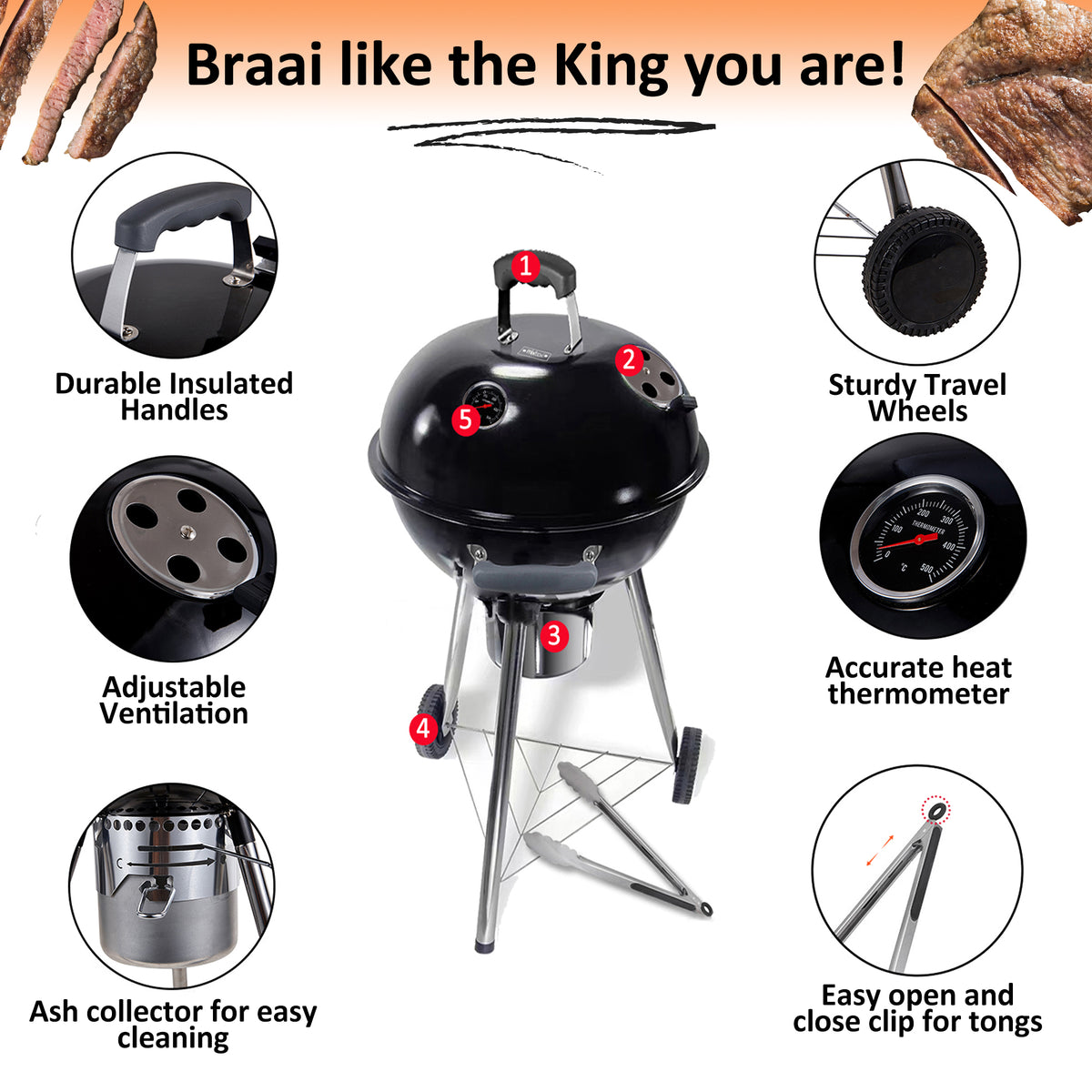 Kettle Charcoal Braai Grill With Lid Thermometer-47cm – HEARTDECO