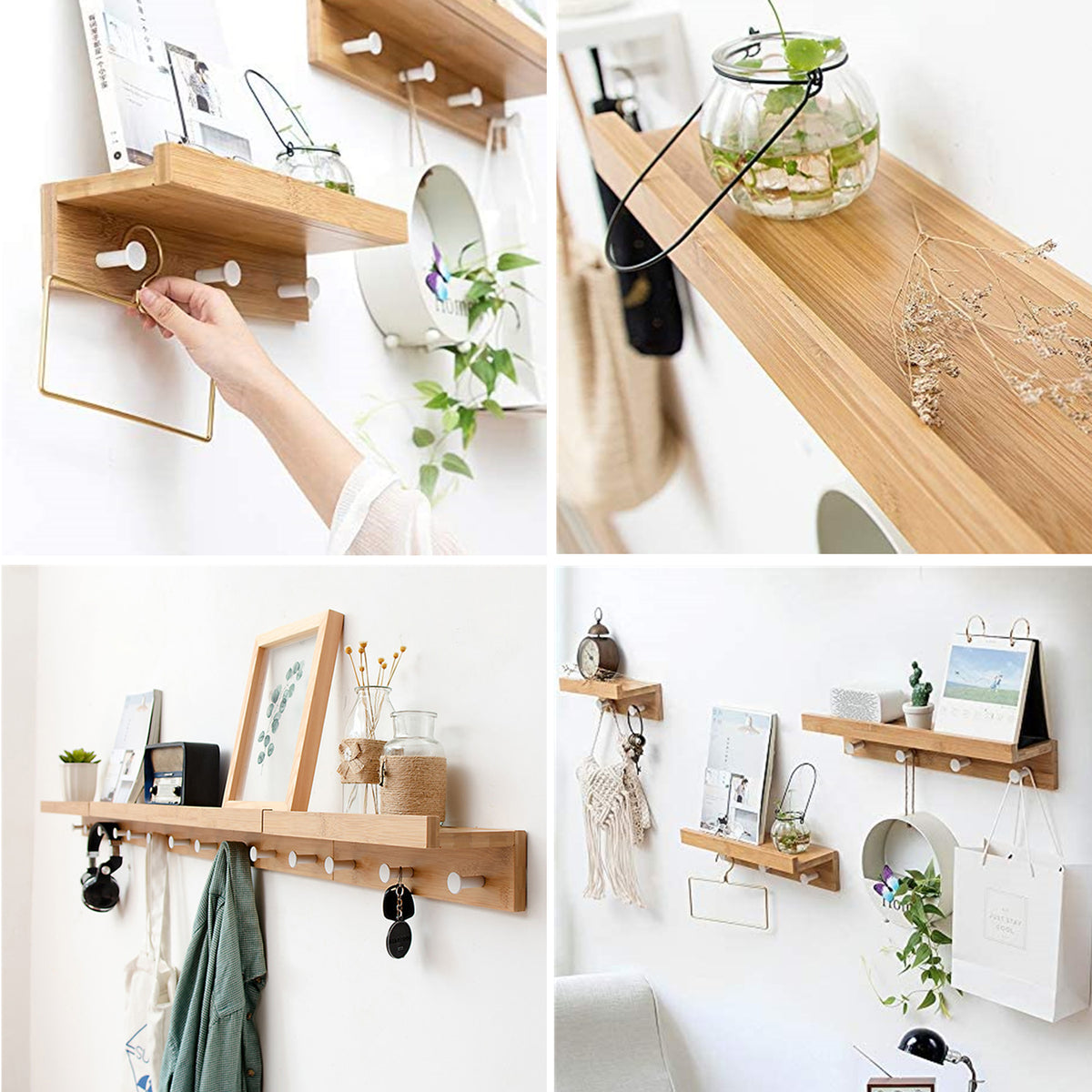 Bamboo Floating Shelf With Hooks – HEARTDECO