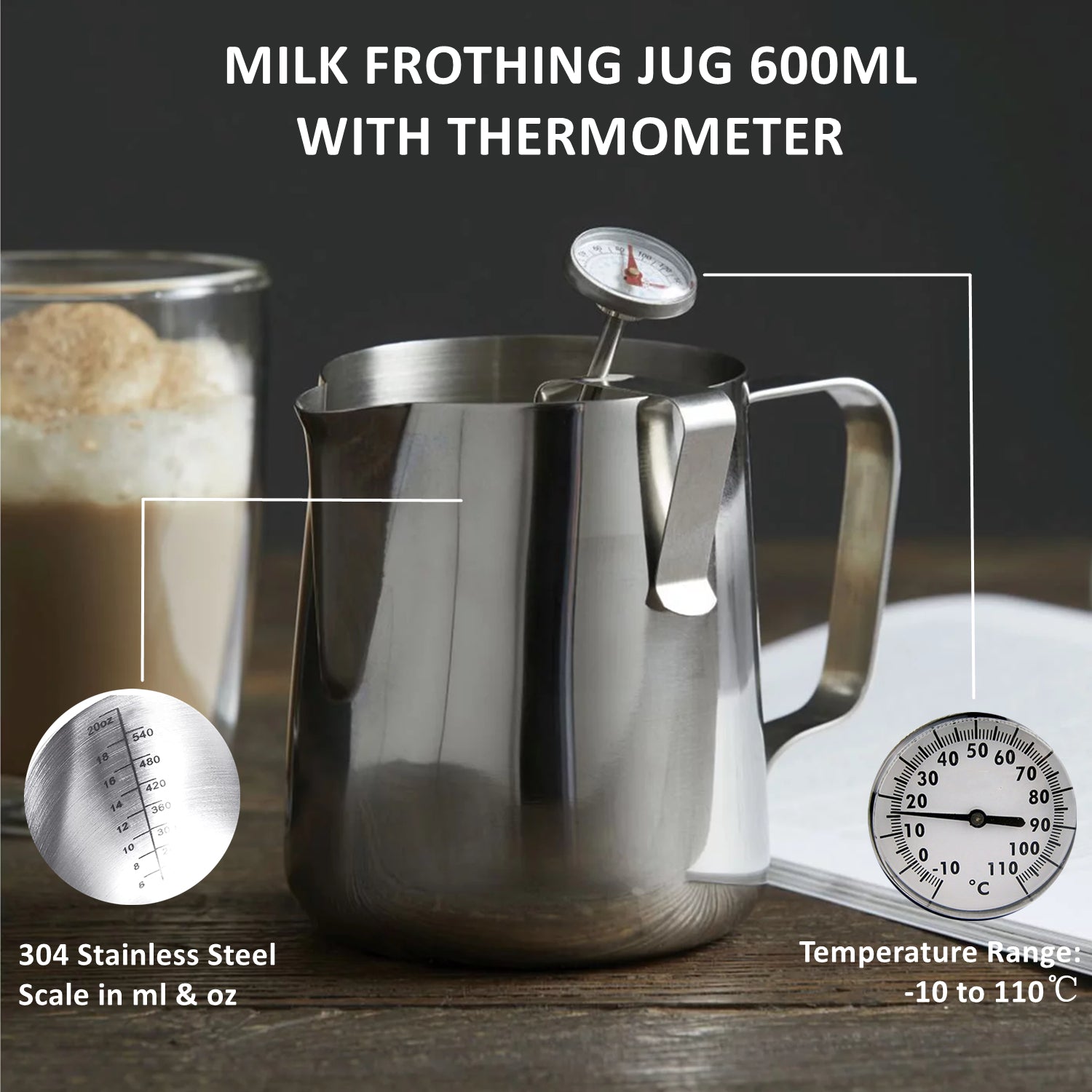 Milk Frothing Jug with Thermometer & Latten Art Pen – HEARTDECO