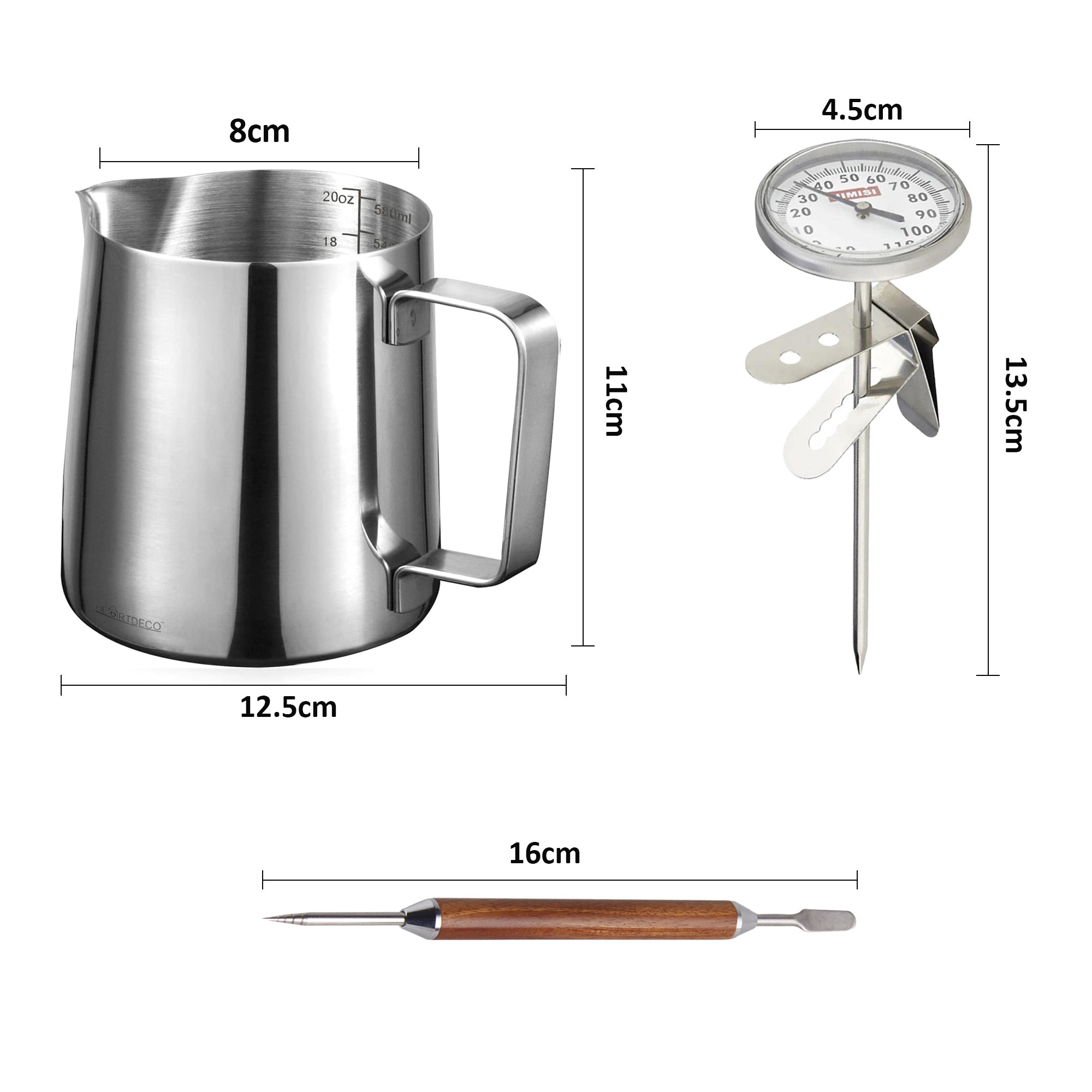 Milk Frothing Jug with Thermometer & Latten Art Pen – HEARTDECO